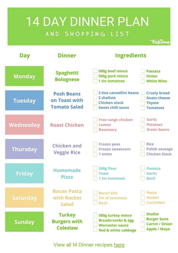 Free 14 Day Dinner Plan and Shopping List Download - MyKidsTime